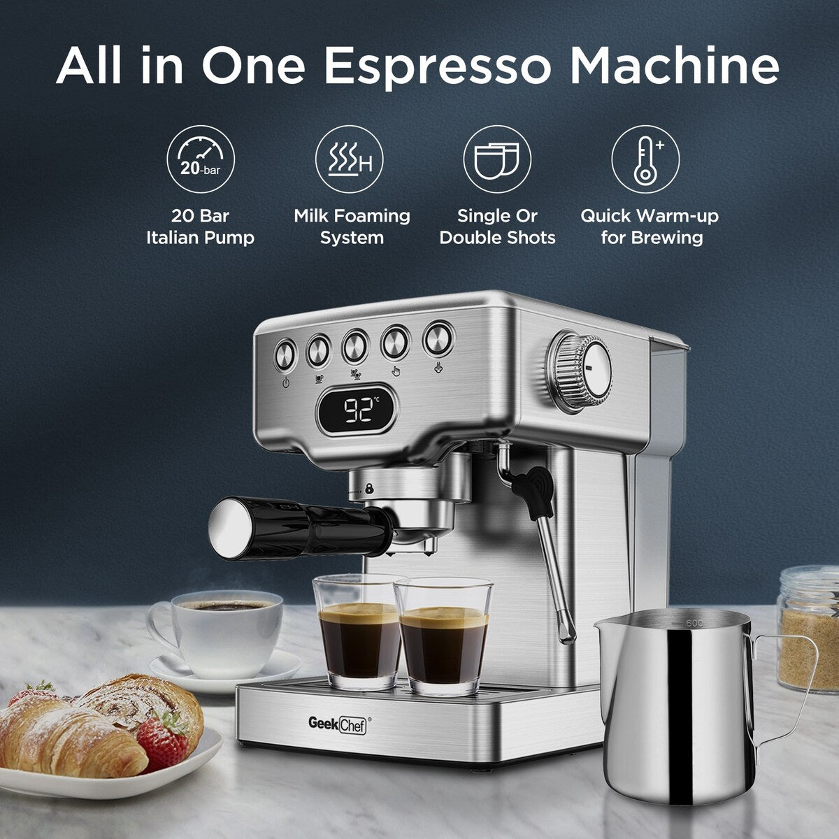 20 Cup Silver Stainless Steel Semi-Automatic Espresso Machine with 0.5 ...