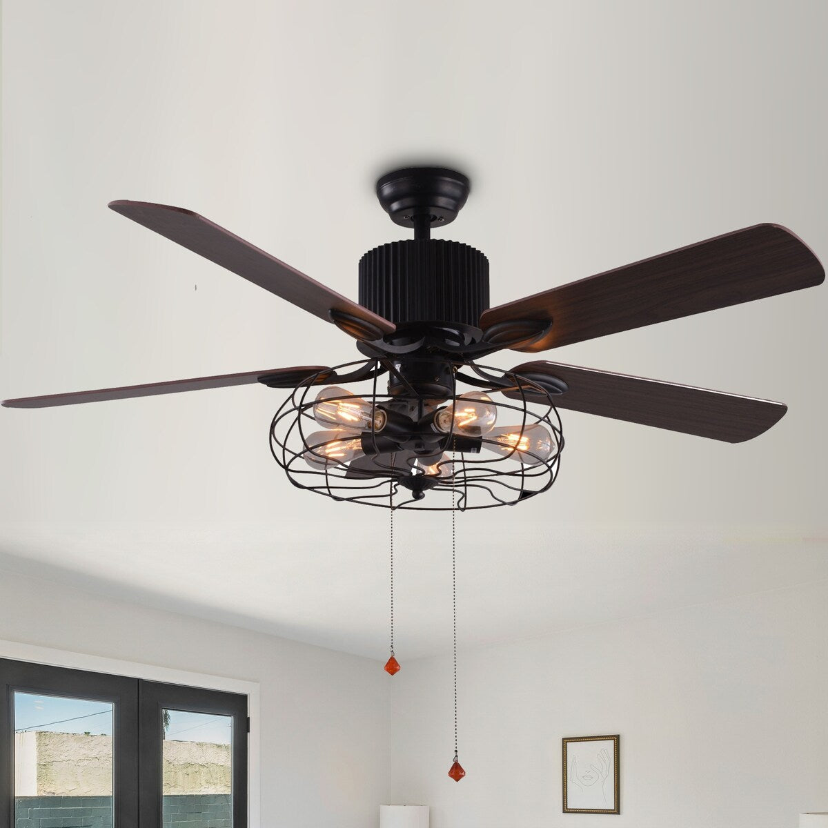 CurveCurio Farmhouse Industrial 5-Light Black Cage Ceiling Fan with ...