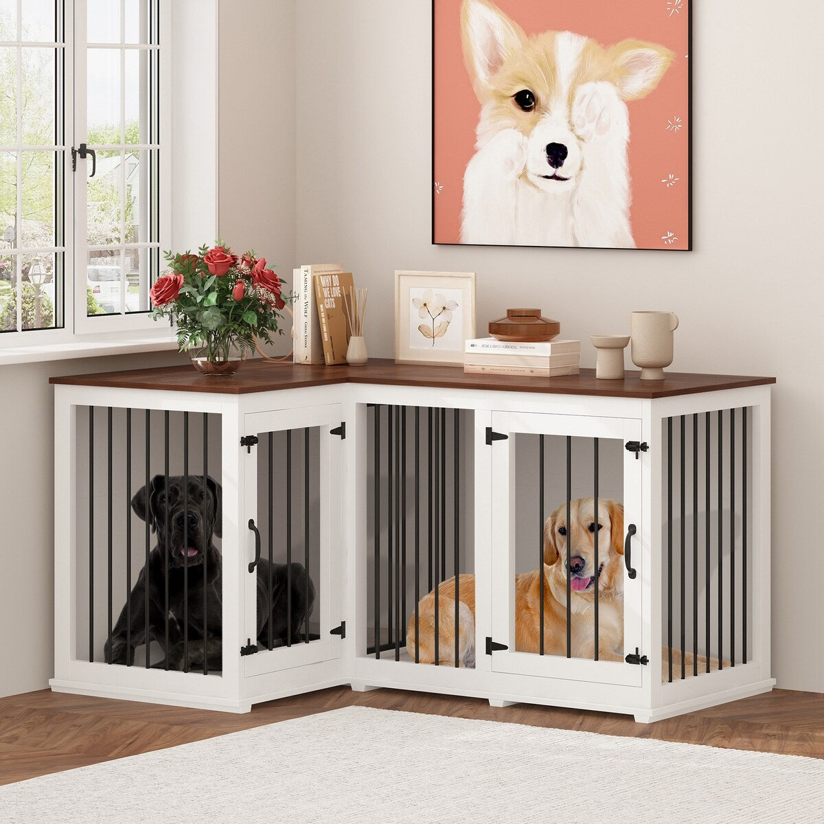 Large Corner Dog Crate Furniture for 2 Dogs, L Shape Dog Crate Cage ...